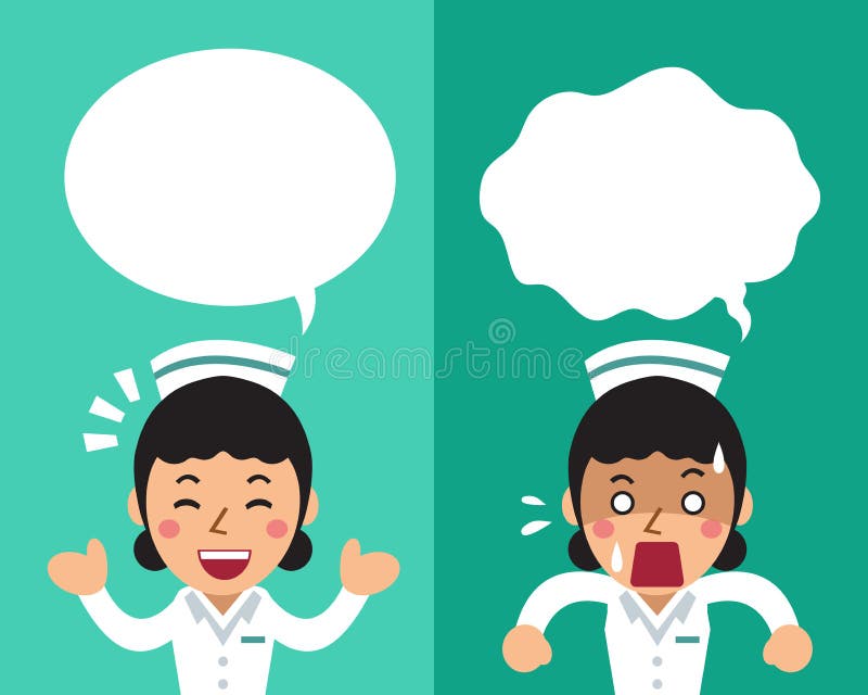 Cartoon Female Nurse Expressing Different Emotions with Speech Bubbles ...