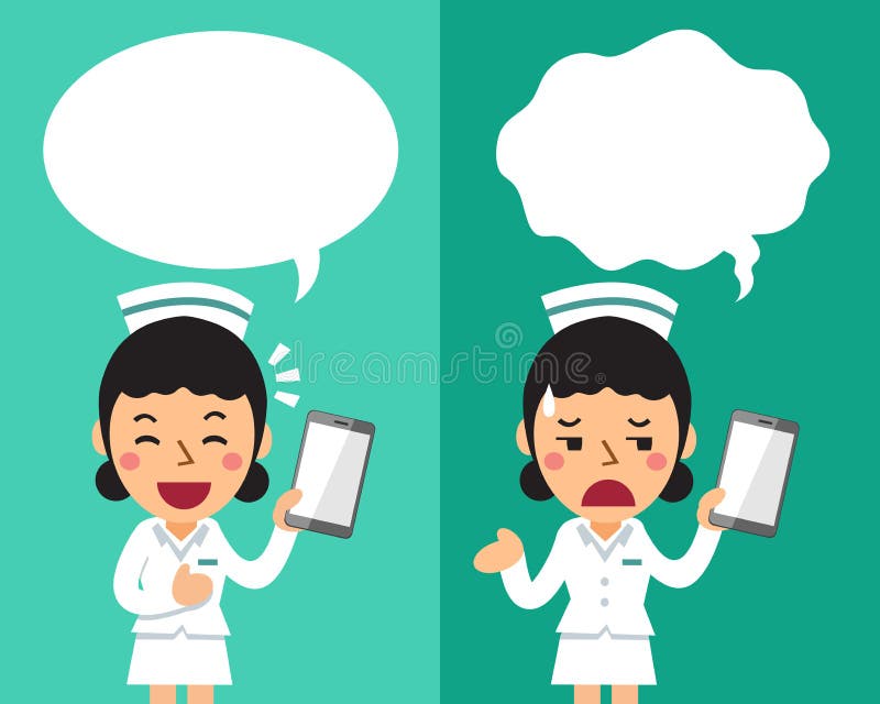 Cartoon Female Nurse with Smartphone Expressing Different Emotions with ...