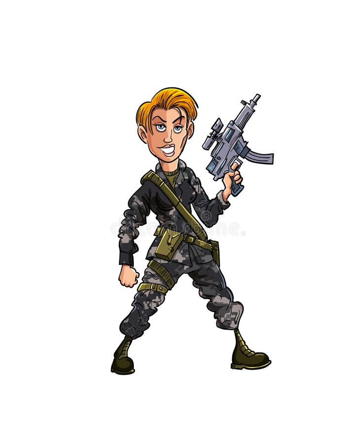 Cartoon Female Soldier with a Sub Machine Gun Stock Vector ...