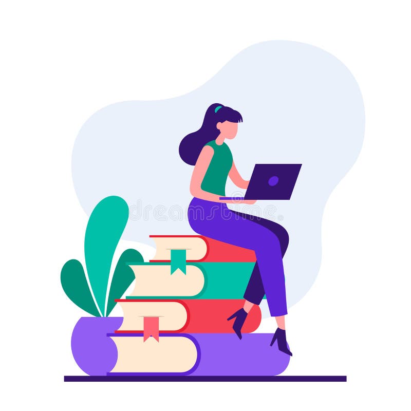 Cartoon Female Student with Laptop Studying Online Stock Vector ...