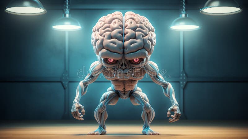 Cartoon Figure with Big Brain Straining Muscles. Stock Illustration ...
