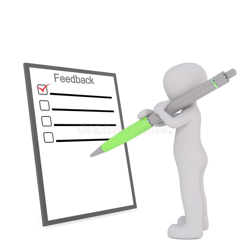 Cartoon Figure Filling Out Feedback Form with Pen Stock Illustration ...