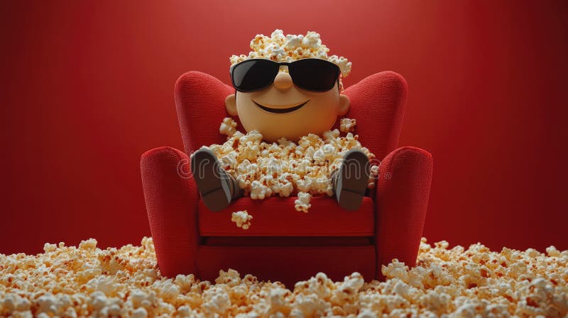 Cartoon Figure Relaxing on Red Chair Surrounded by Popcorn Stock Image ...
