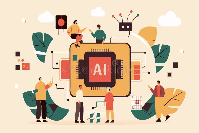 Cartoon Figures Interact with AI Chip Against a Whimsical Backdrop ...