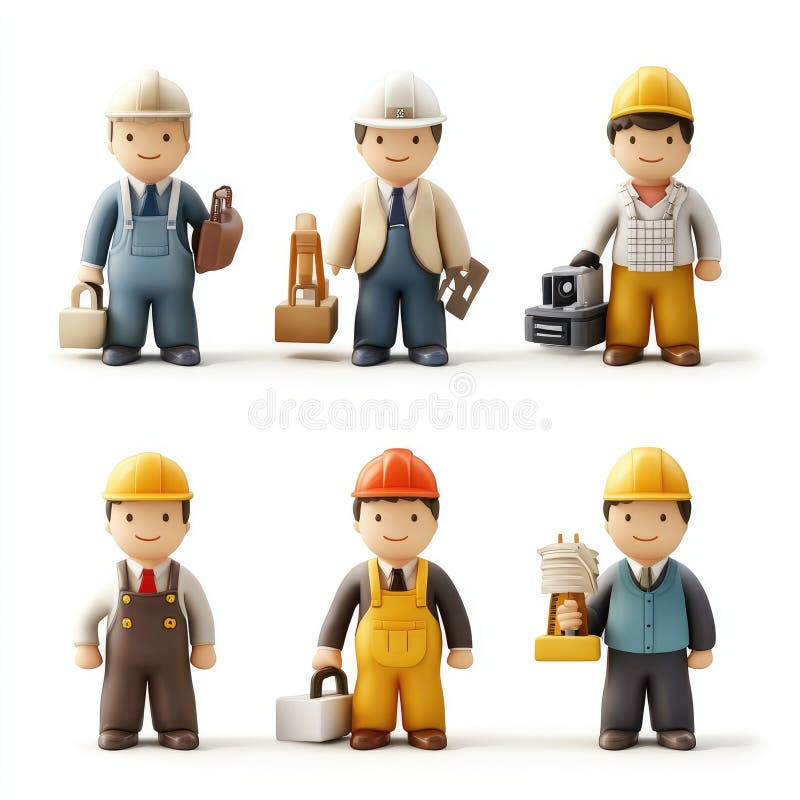 Adorable 3D Cartoon Construction Worker Characters Set Stock ...