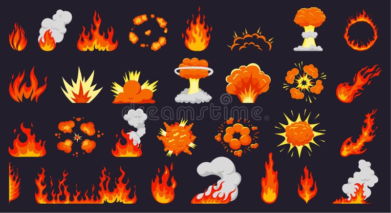 Cartoon Fire Explosions. Fire Flames, Hot Campfire, Explosive Bomb ...