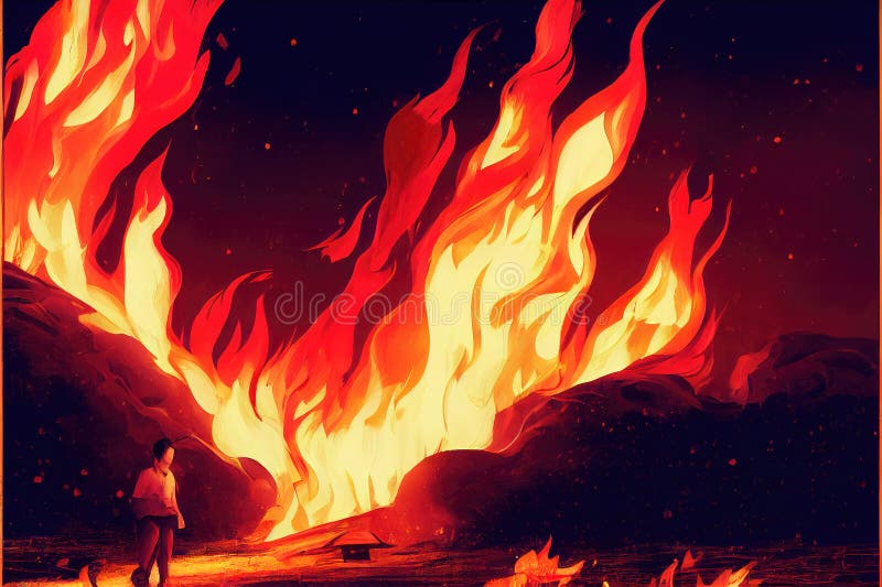 A Cartoon Fire Illustration of a Burning Landscape with a Man Standing ...