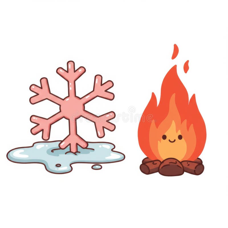 Cartoon Fire and Snowflake Pixel Art on White Background with Smiling ...
