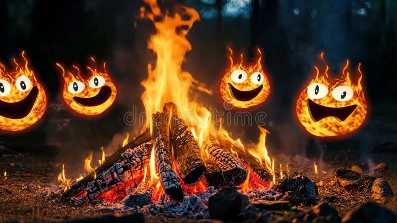 Charming Cartoon Fire Spirits Dancing Joyfully Around a Glowing ...