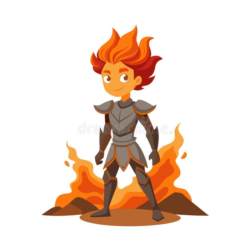 Cartoon Fire Warrior Character in Armor Standing on Fire, Vector ...