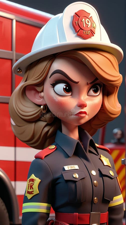 Cartoon Firefighter Character in Uniform Standing by Fire Truck Stock ...