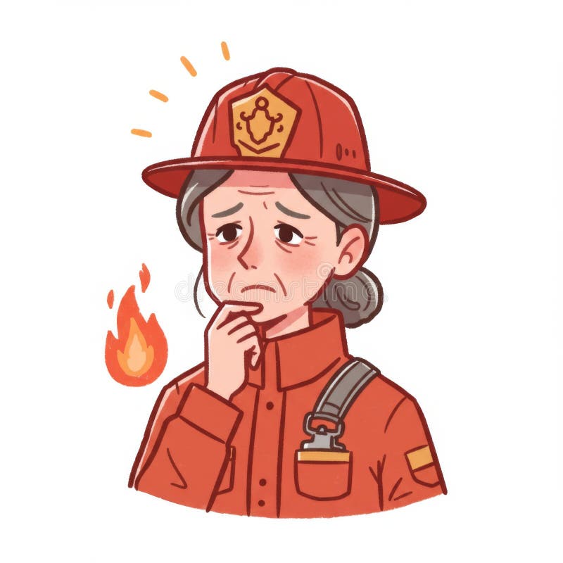 Cartoon Firefighter Woman in Red Uniform Worried with Thoughtful ...