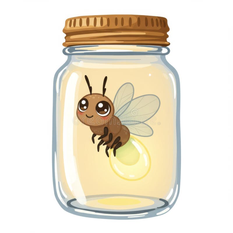Cartoon Firefly with Glowing Light in Glass Jar on White Background ...