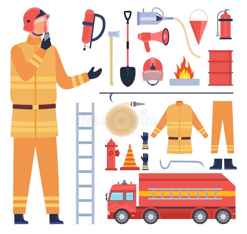 Cartoon Fireman Character in Uniform, Firefighter Equipment and Tools ...