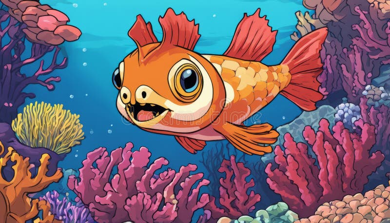 A Cartoon Fish with a Big Smile and Red Fins Stock Illustration ...