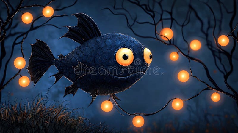 Cartoon Fish with Glowing Lights on a Dark Background Whimsical ...