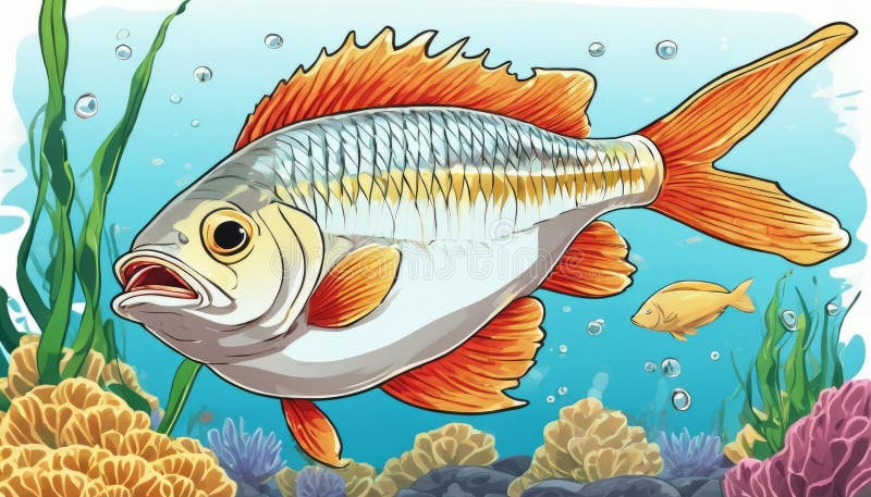 A Cartoon Fish with a Large Red Fin Stock Illustration - Illustration ...