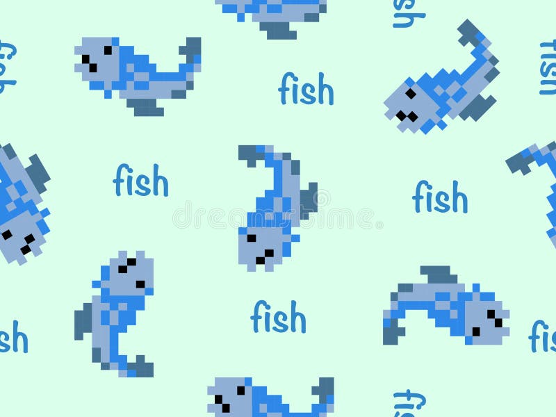 Fish Cartoon Character Seamless Pattern on Blue Background.Pixel Style ...