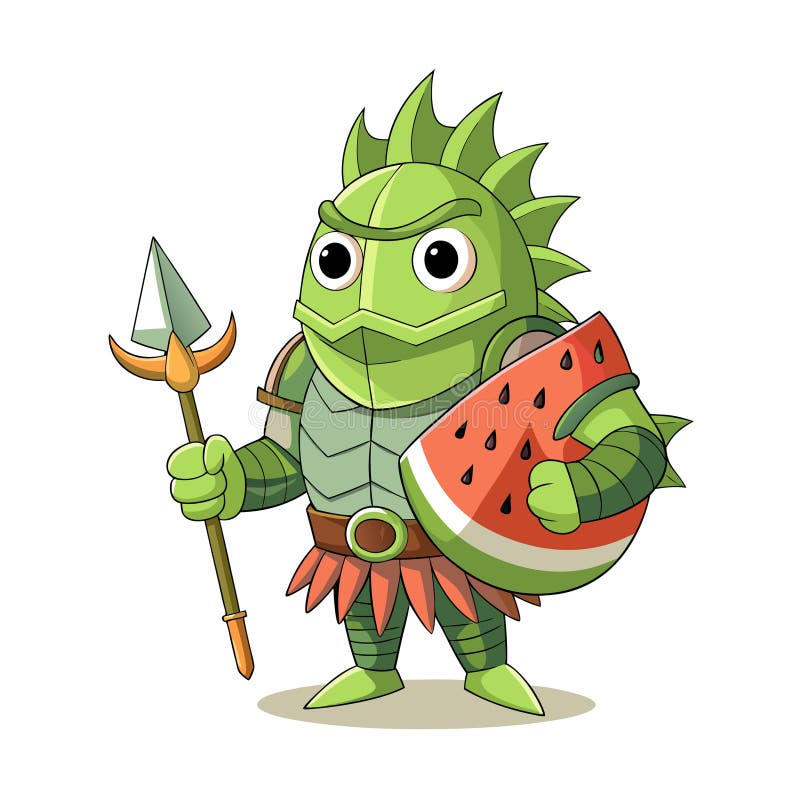 Cartoon Fish Warrior Character with Watermelon Shield and Spear Illustration Stock Vector ...