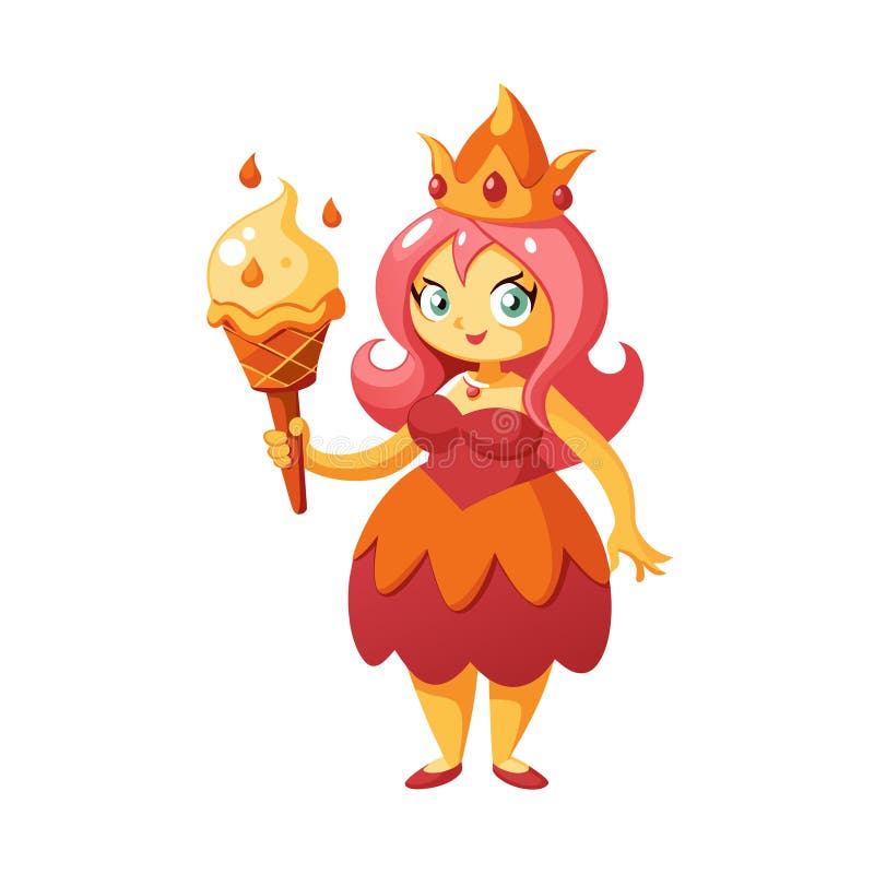 Flame Princess Cartoon Character Holding a Fire Torch with Crown Vector ...