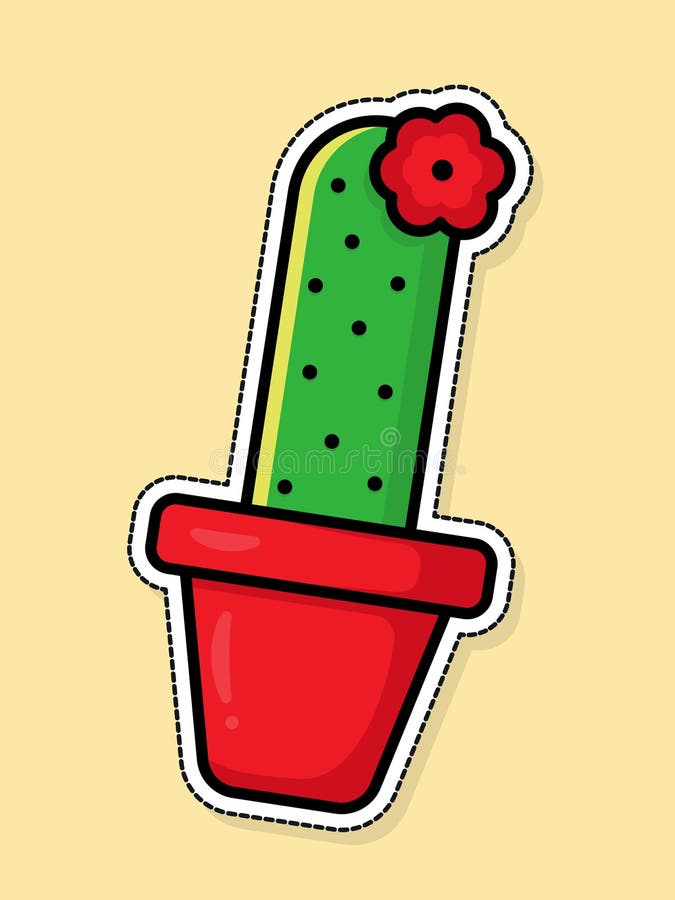 Cartoon Flat Cactus. Green Cactus in a Red Flower Pot. Vector Sticker ...
