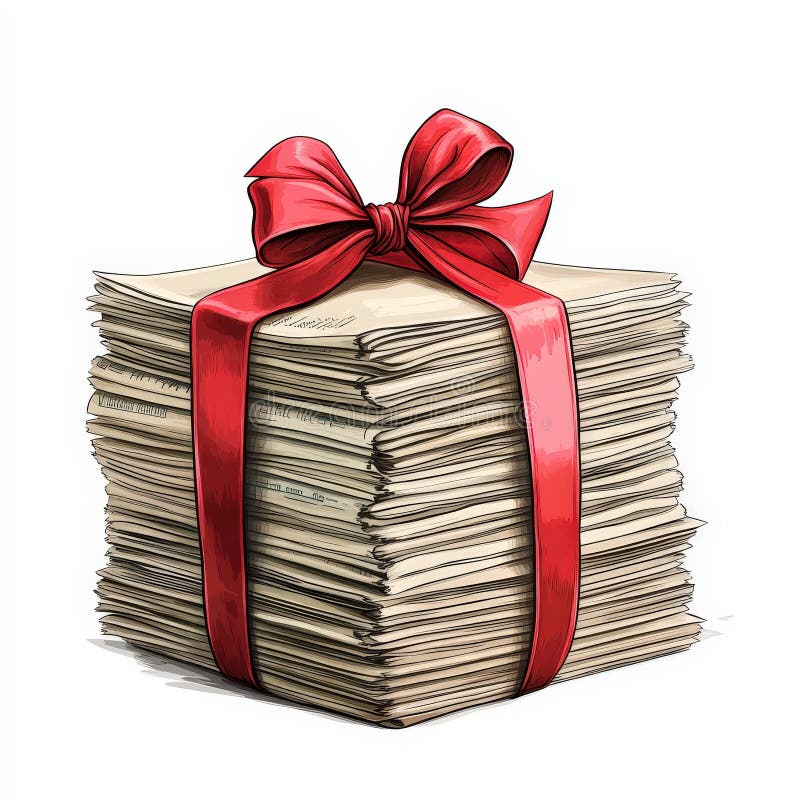 Cartoon Flat Design of a Stack of Newspapers with Red Satin Ribbon ...