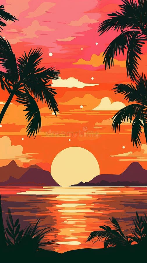 Sunset Flat Cartoon Background. Vector Illustration Isolated on White ...