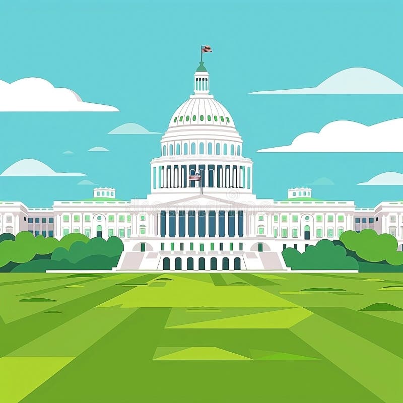 Cartoon Flat Vector Illustration of US Capitol Building with Simple ...