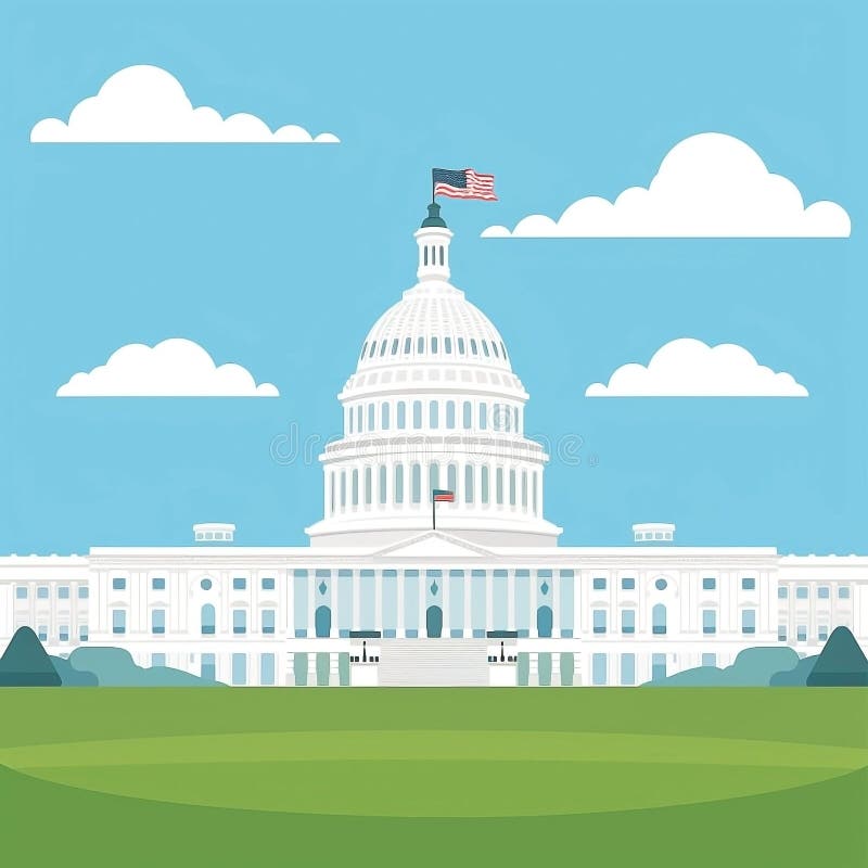 Cartoon Flat Vector Illustration of US Capitol Building with Simple ...