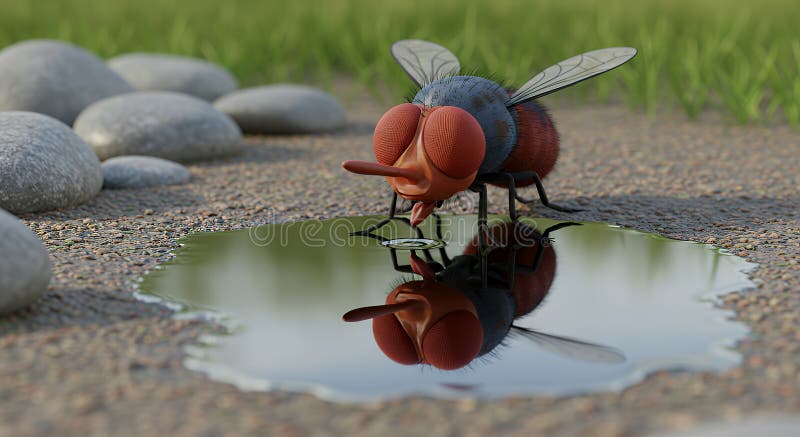 Cartoon Fly Drinking from Puddle Reflection with Rocks and Grass Stock ...