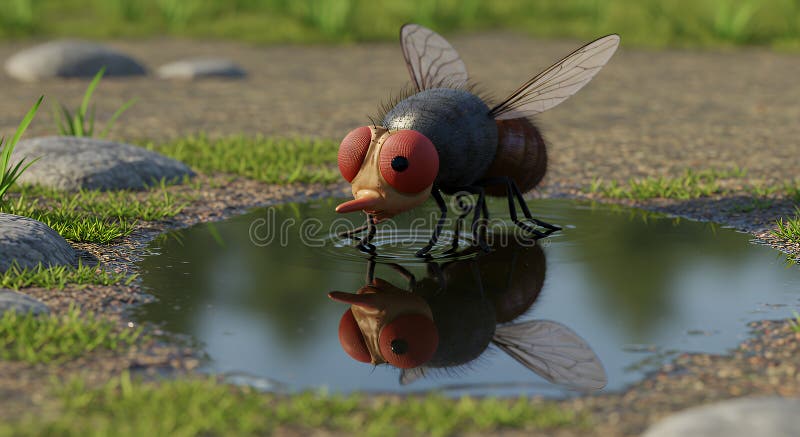 Cartoon Fly Drinking Water Reflected in Puddle on Grassy Path Stock ...