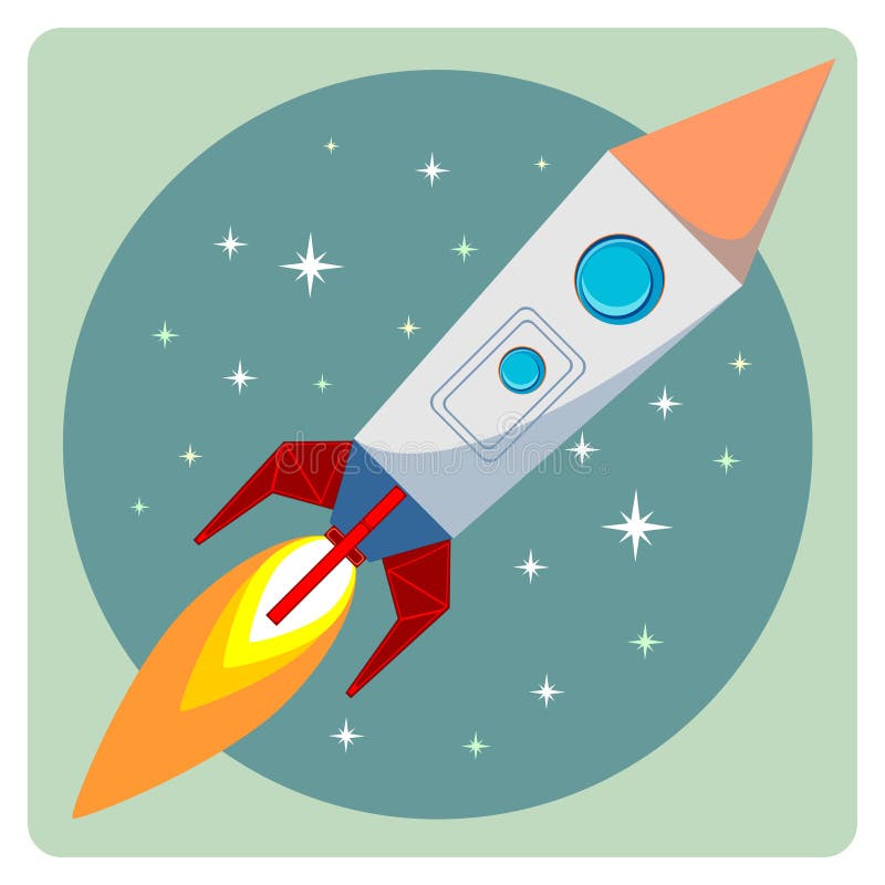 Cartoon Flying Rocket with Flames in Space Stock Vector - Illustration ...