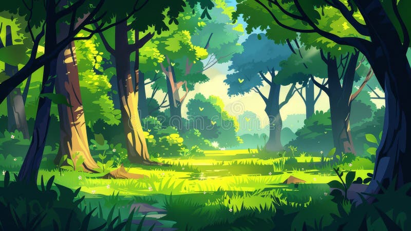 Cartoon Forest Background with Deciduous Trees, Grass, Trunk ...