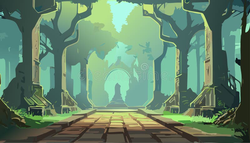 Cartoon Forest Landscape with Pathway and Trees. Vector Illustration in ...