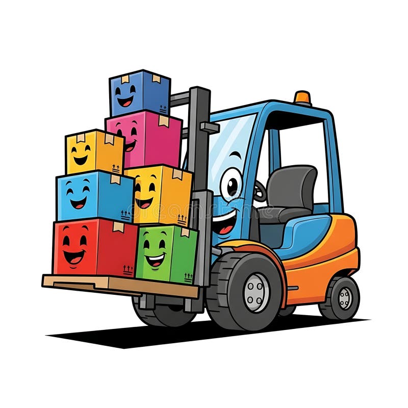 Cartoon Forklift Carrying Stacked Boxes with Smiling Faces Ready for ...