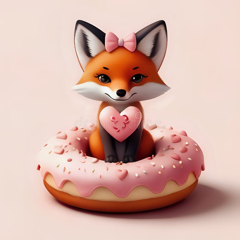 Cartoon Fox with a Bow Sitting on a Donut with Hearts - Generated by Ai ...