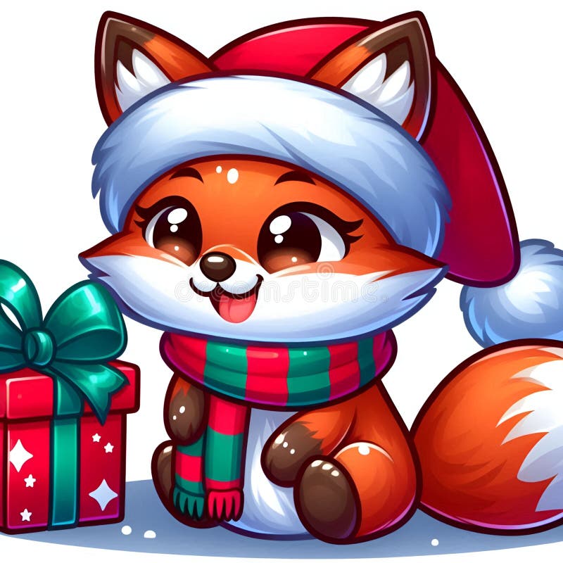 A Cartoon Fox with a Christmas Gift Stock Illustration - Illustration ...