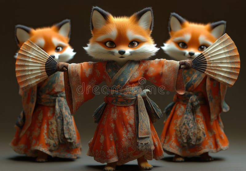 A Cartoon Fox Dances a Dance with a Fan. Stock Image - Image of ...