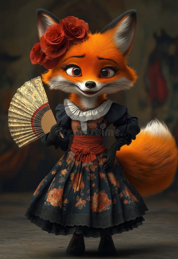 A Cartoon Fox Dances a Dance with a Fan. Stock Image - Image of digital ...
