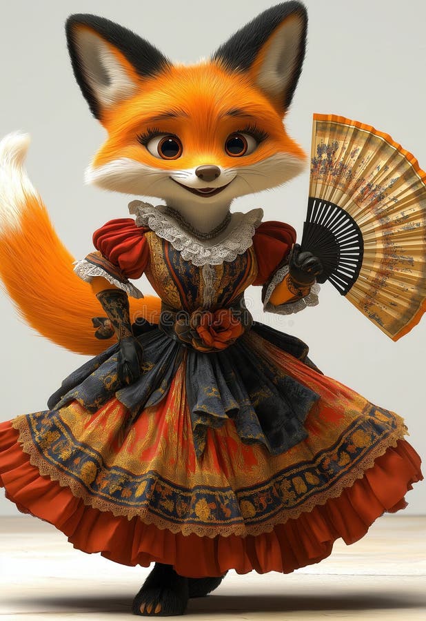 A Cartoon Fox Dances a Dance with a Fan. Stock Photo - Image of ...