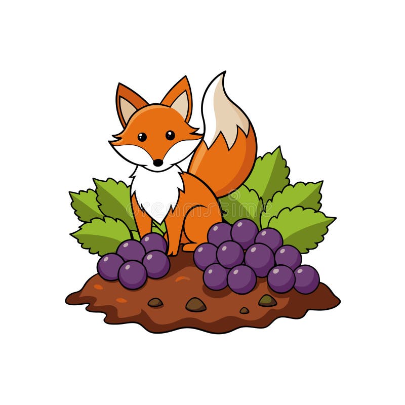Cartoon Fox with Grapes and Leaves Illustration Stock Illustration ...