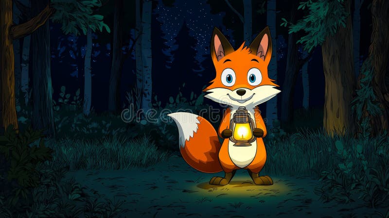 Cartoon Fox Holding Lantern in Enchanted Forest Stock Illustration ...