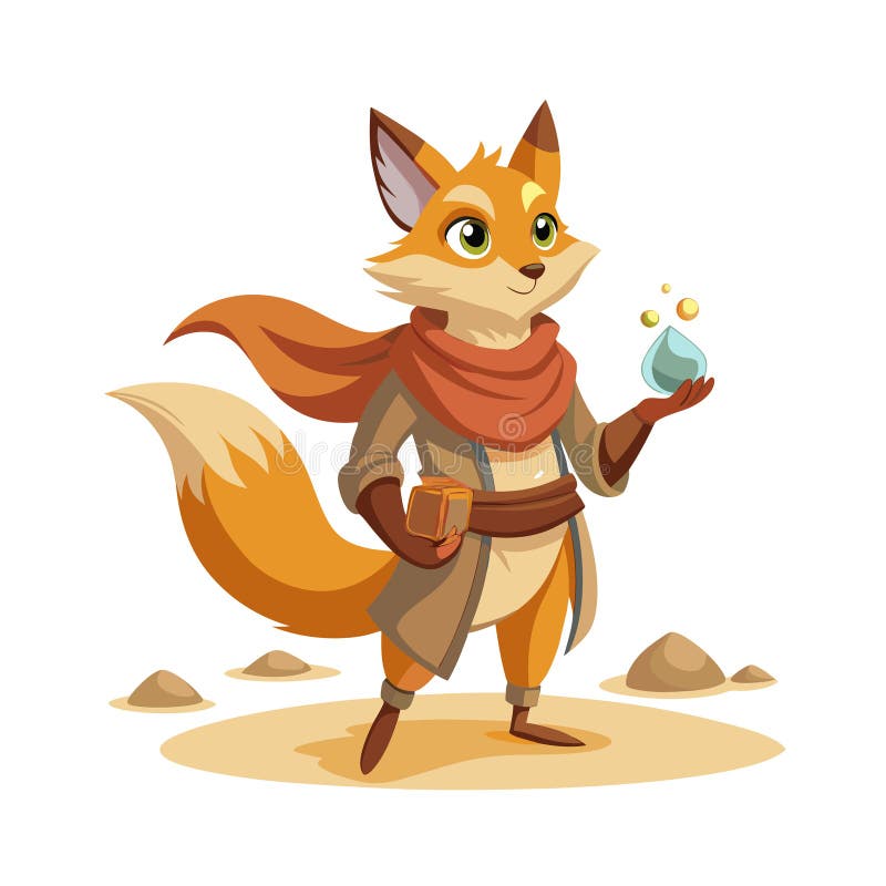 Cartoon Fox Mage with Magic Water Droplet on Sandy Terrain Vector Stock ...