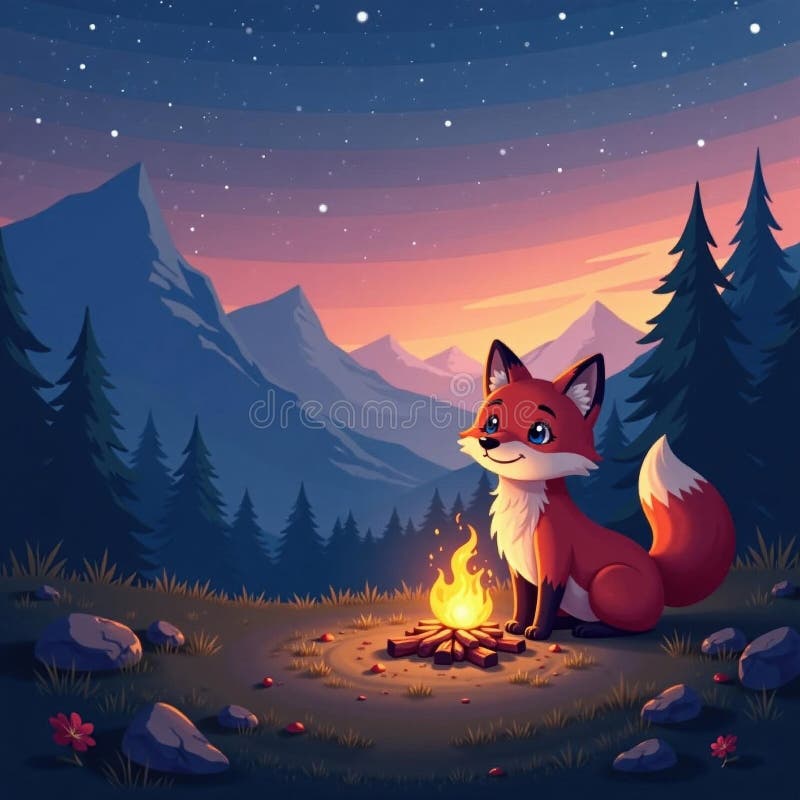 Cartoon Fox Near Campfire, Mountains Backdrop, Adventure, Camping Stock ...