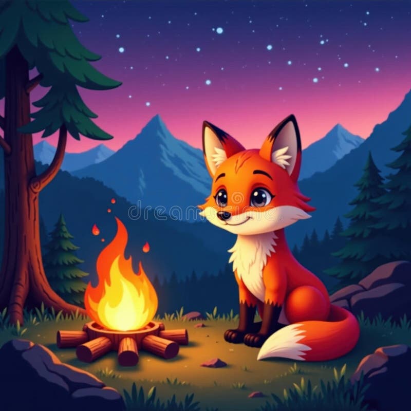 Cartoon Fox Near Campfire, Mountains Backdrop, Campfire, Camping, Trail ...