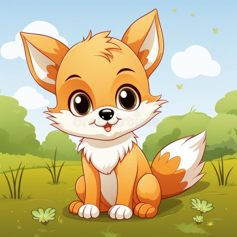 Cartoon Fox Sitting in the Grass on a Sunny Day Stock Illustration ...