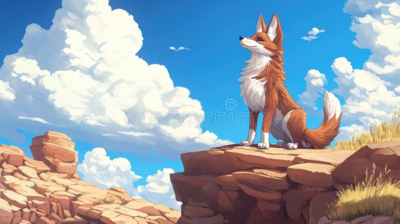 A Cartoon Fox Sitting on Top of a Rock Looking Up, AI Stock Photo ...