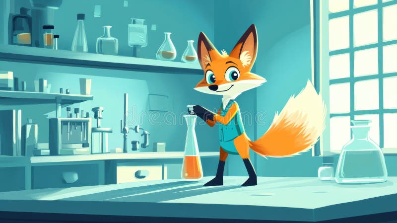 A Cartoon Fox Standing in a Lab with Bottles and Chemicals, AI Stock ...
