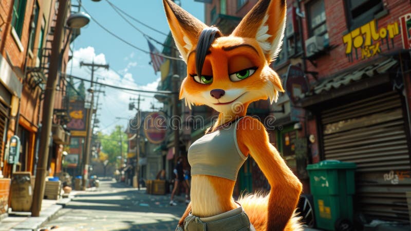 A Cartoon Fox Standing in the Middle of a City Street, AI Stock ...