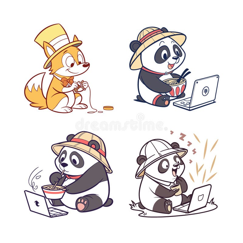 Fox and Pandas Working Remotely with Laptops Stock Vector ...